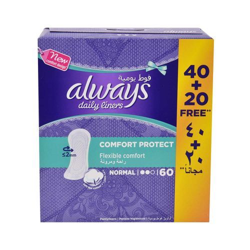 Always Liners, Sanitary Pads With Wings – 40 Pads + 20 Pads Free price ...