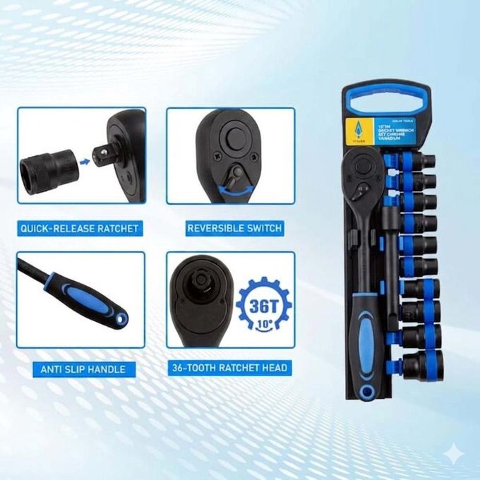 12 Piece 1/2-Inch Square Drive Metric Socket and Ratchet