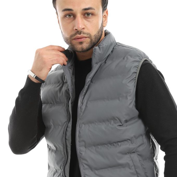High Collar Full Zipper Closure Cut Sleeves Vest - Grey - ASTK - Jumia ...
