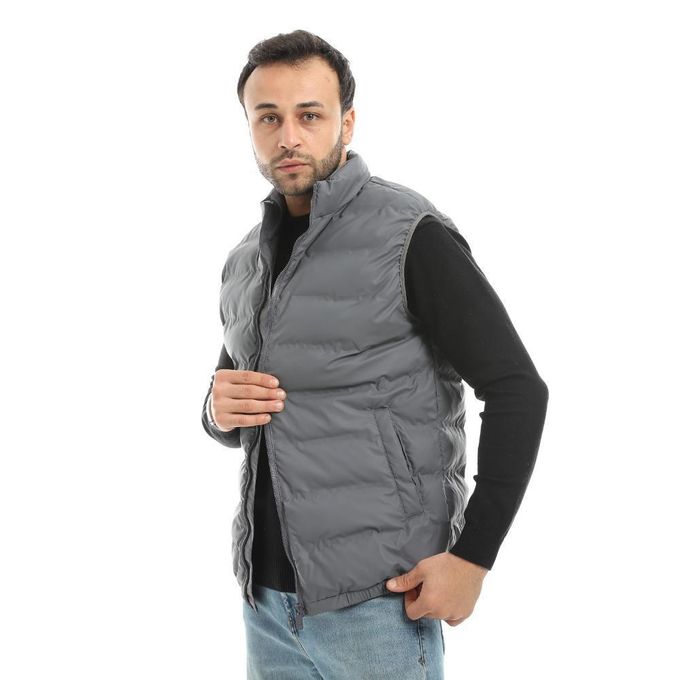 High Collar Full Zipper Closure Cut Sleeves Vest - Grey - ASTK - Jumia ...
