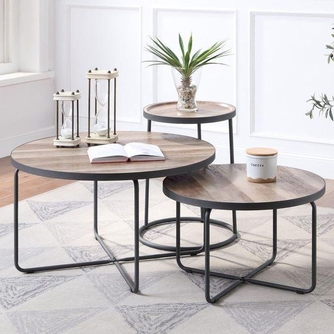 Coffee table set, center, black steel frame, brown MDF wood top ...
